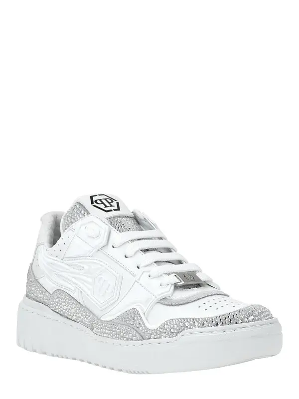 Philipp Plein Mixed Material Rhinestone Low-top Sneakers - White