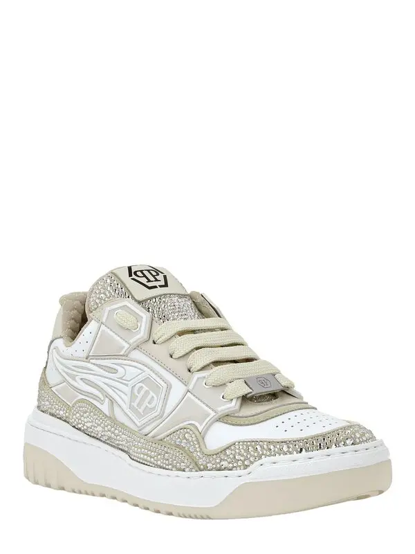 Philipp Plein Mix Leather Lo-top Sneakers Strass Hexagon Rhinestone - Whitebeige