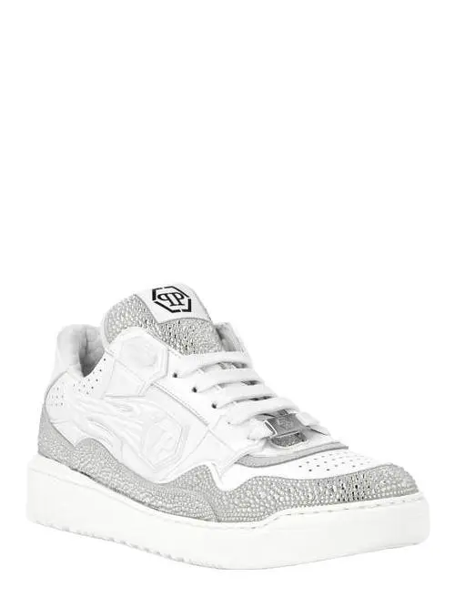 Philipp Plein Mix Leather Lo-top Sneakers With Strass Hexagon - White