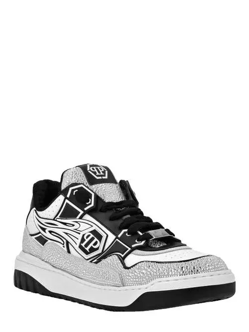 Philipp Plein Mix Leather Lo-top Sneakers With Strass Hexagon - White/black