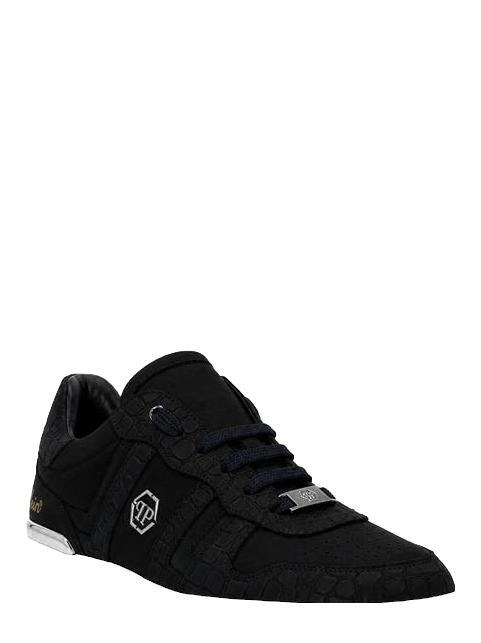 Philipp Plein Nubuck Low Top Sneakers With Croc Effect Detailing - Black