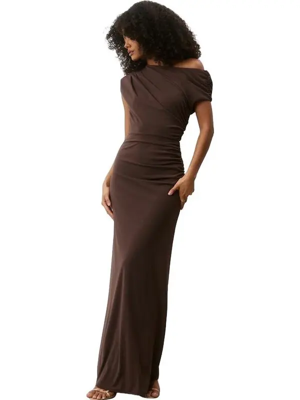 SIX STORIES Asymmetrical Neck Sculpt Bridesmaid Dress - Chocolate