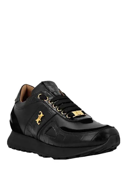 BILLIONAIRE Croc Effect & Suede Lace-up Runners - Black/black