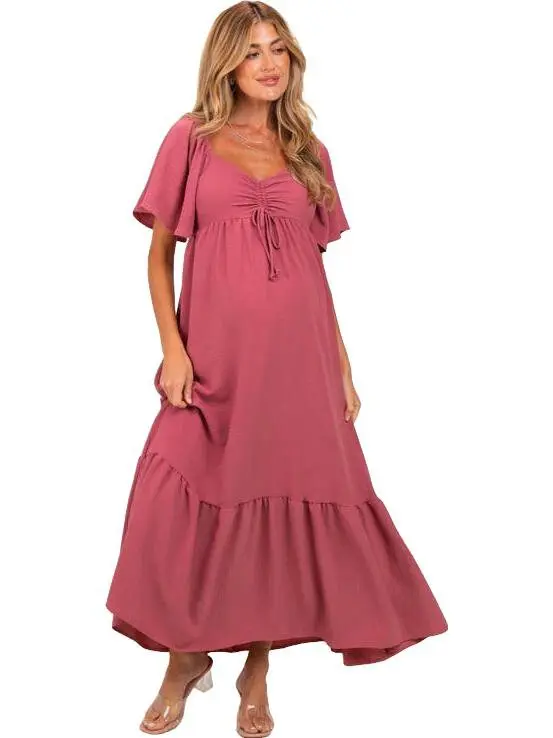 PINKBLUSH Flutter Sleeve Ruffle Hem Maternity Maxi Dress - Mauve