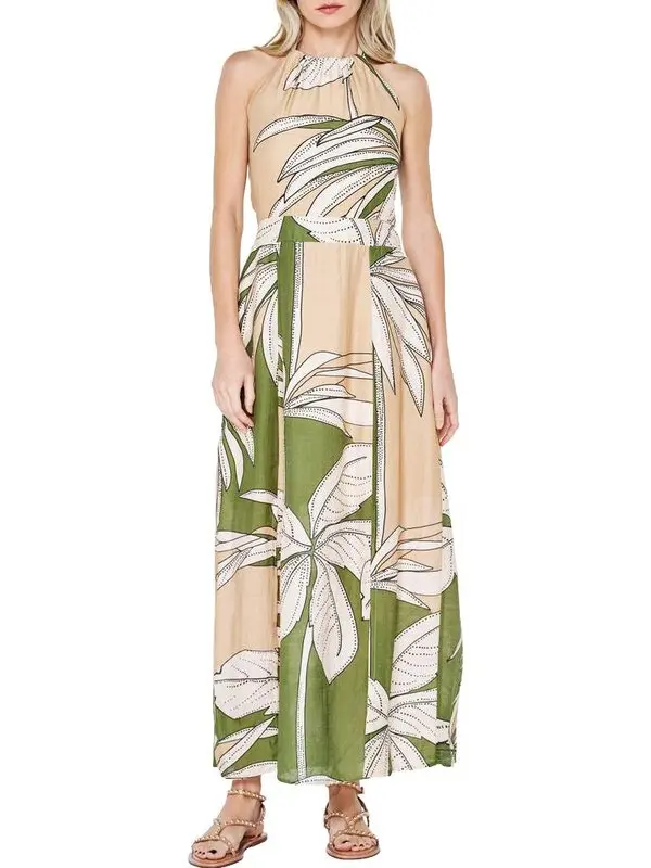 CIEBON Charlotte Print Halter Maxi Dress - Green Multi