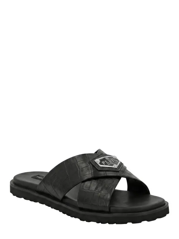 Philipp Plein Croc Effect Leather Criss-cross Strap Slides - Black