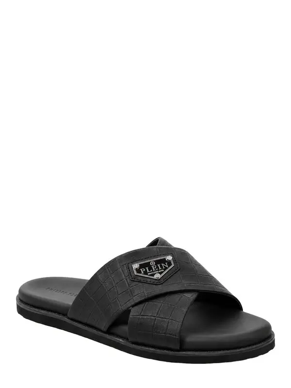 Philipp Plein Croc Effect Leather Criss-cross Strap Slides - Black