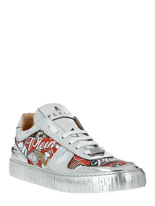 Philipp Plein Mirrored Leather Low Top Sneakers With Golden Eagle Graphic - Silver