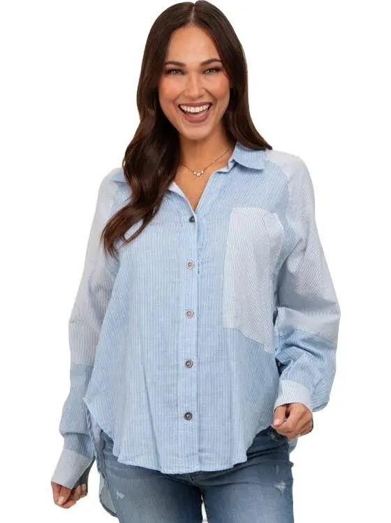 PINKBLUSH Colorblock Striped Button-up Shirt - Light Blue