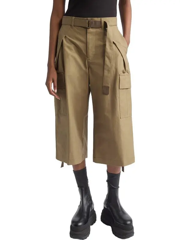 Sacai Weather Coated Cotton Twill Cargo Wide Leg Crop Pants - Beige