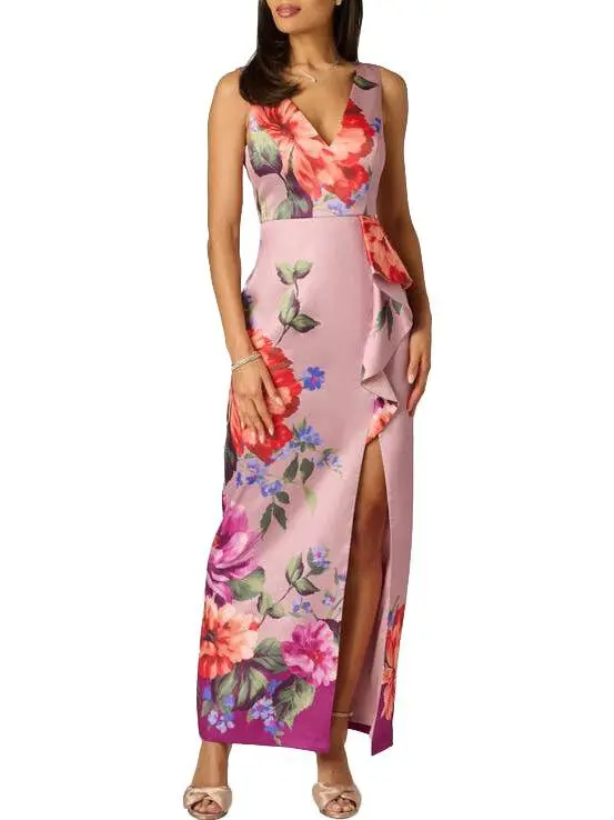 Adrianna Papell Floral Waterfall Ruffle Mikado Gown - Mauve Multi