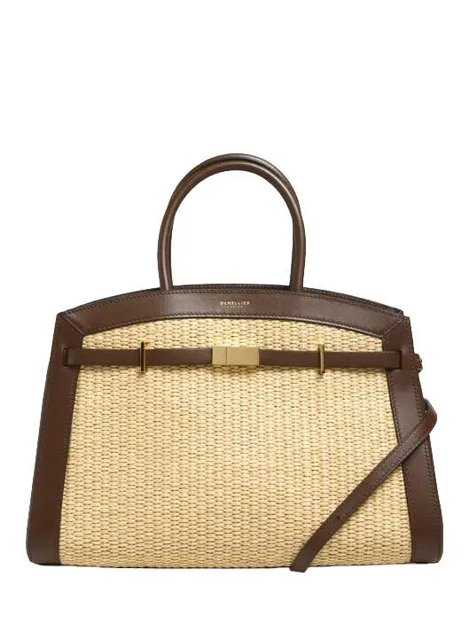 DEMELLIER Midi Hudson Raffia & Leather Satchel - Warm/mocha