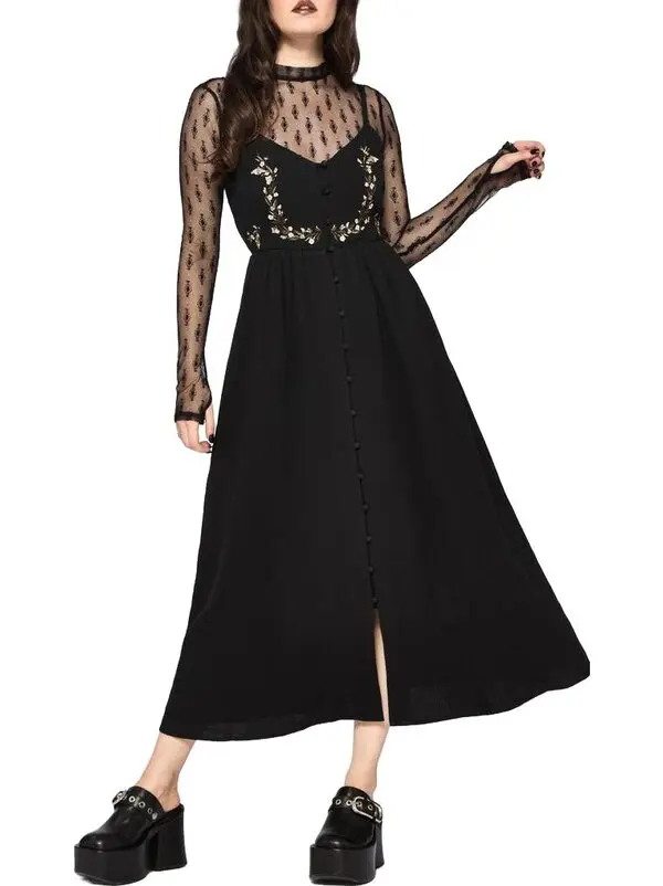 DISTURBIA Abundance Cotton Floral Embroidered Midi Dress - Black