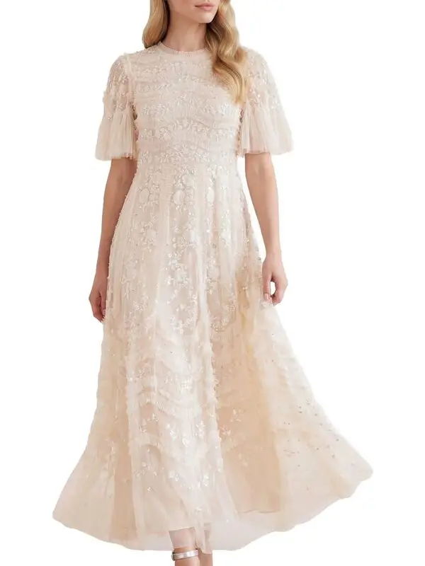 NEEDLE & THREAD Gianna Ruffle Short Sleeve Maxi Gown - Cream
