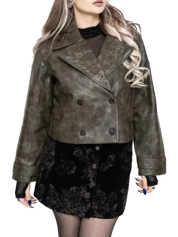 DISTURBIA Fleux Faux Leather Cropped Trench Jacket - Brown
