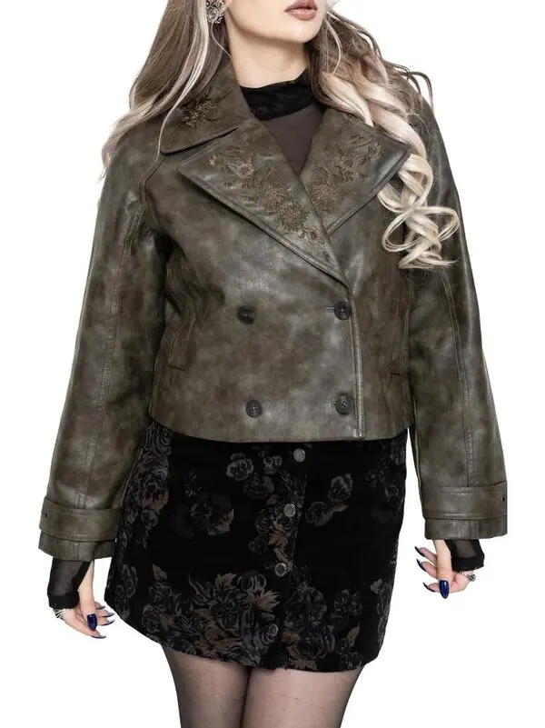 DISTURBIA Faux Leather Cropped Trench Jacket With Embroidery - Brown
