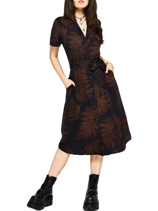 DISTURBIA Fern Print Midi Shirt Dress - Black