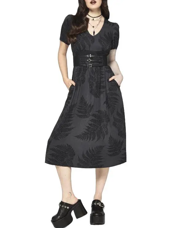 DISTURBIA Fern Print Midi Shirt Dress - Grey