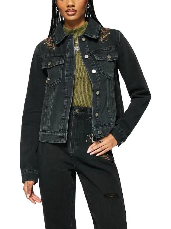 DISTURBIA Abellona Embroidered Denim Jacket - Black
