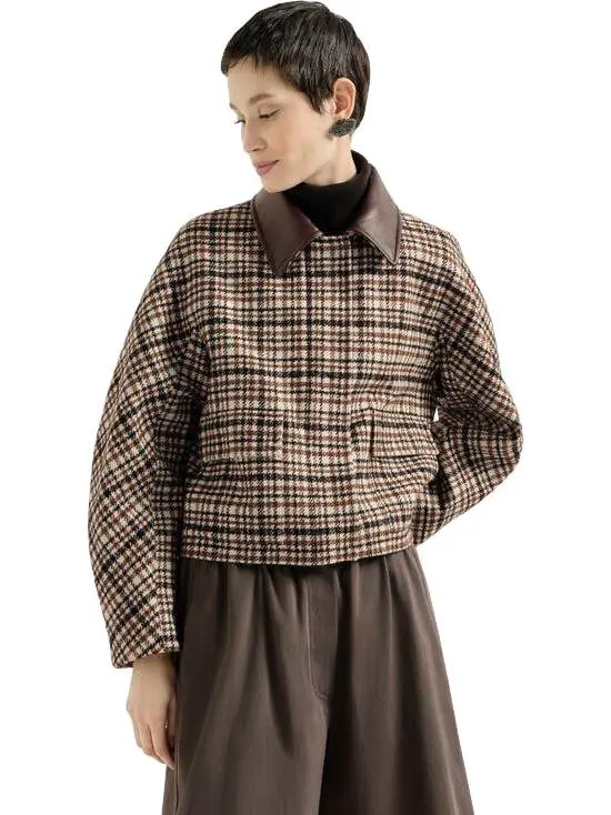 Brunello Cucinelli Comfort Checked Wool And Alpaca Outerwear Jacket With Leather Collar And Monili - Brown