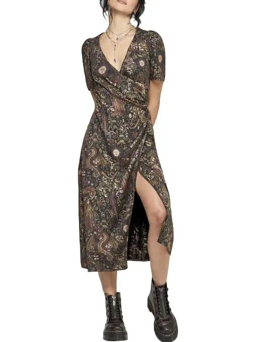 DISTURBIA Haunt Medieval Print Wrap Midi Dress - Brown