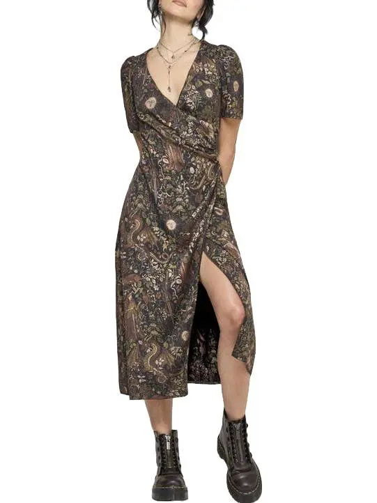 DISTURBIA Haunt Medieval Print Wrap Midi Dress - Brown
