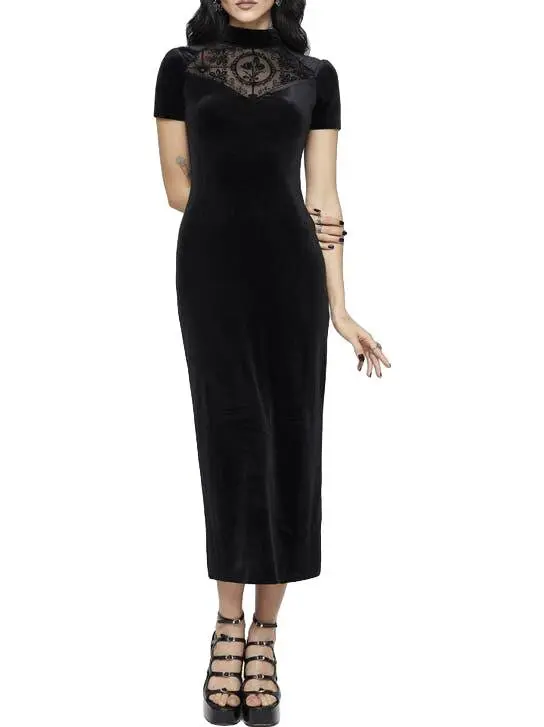 DISTURBIA Cameo Flocked Mesh Insert Midi Dress - Black