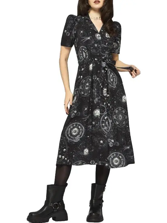 DISTURBIA Elise Celestial Print Midi Shirt Dress - Black