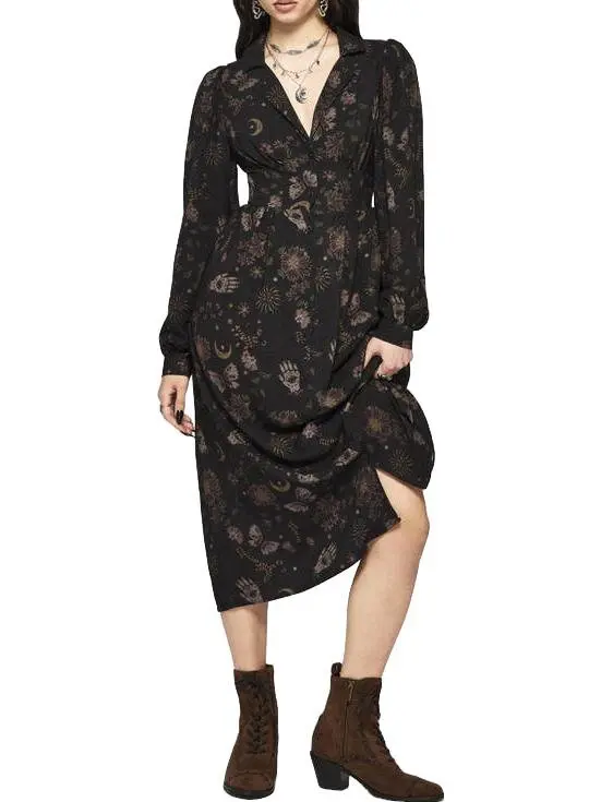 DISTURBIA Folk Print Button-up Midi Dress - Brown