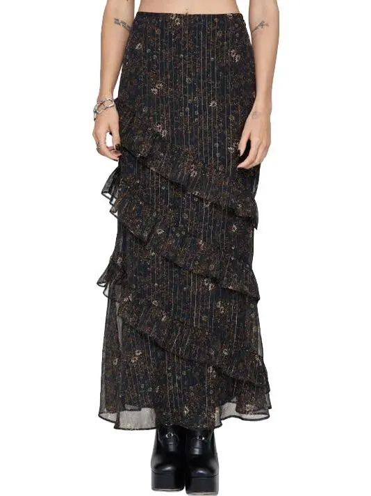 DISTURBIA Astralis Stripe Ruffle Tiered Maxi Skirt - Black