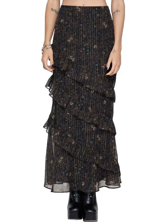 DISTURBIA Astralis Stripe Ruffle Tiered Maxi Skirt - Black