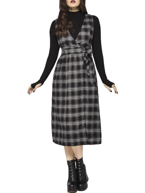 DISTURBIA Lochan Check Wrap Pinafore Midi Dress - Black