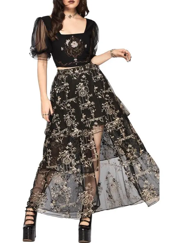 DISTURBIA Stellar Vine Split Tiered Tulle Skirt - Green