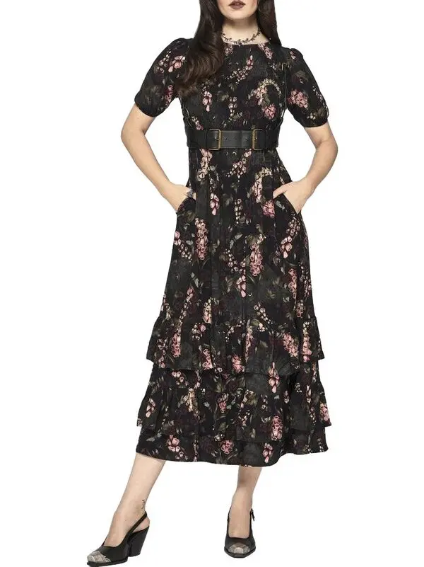 DISTURBIA Noctua Owl Foxglove Tiered Midaxi Dress - Black