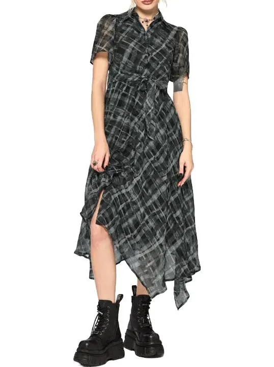 DISTURBIA Checked Midaxi Shirt Dress With Tie Waist And Asymmetrical Hem - Grey