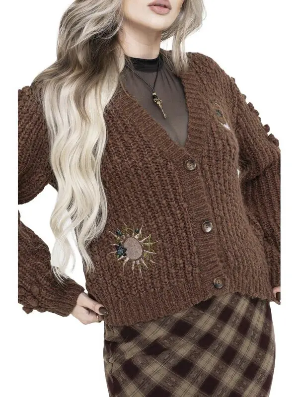 DISTURBIA Isla Chunky Embroidered Knit Cardigan - Brown