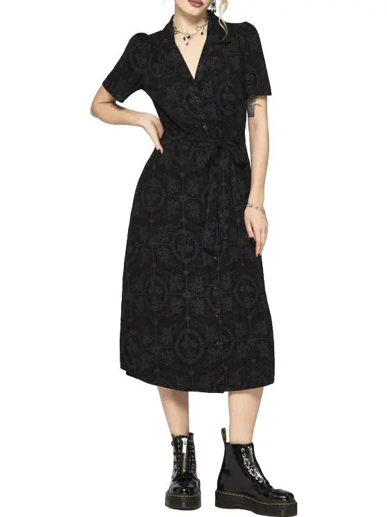 DISTURBIA Cameo Floral Tie Belt Midi Shirt Dress - Black