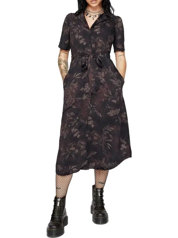 DISTURBIA Moth Print Shirt Dress - Black