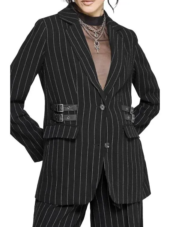 DISTURBIA Charli Pinstripe Buckle Oversized Blazer - Black