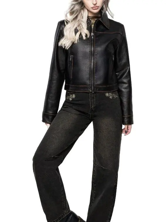 DISTURBIA Faux Leather Cropped Jacket - Black