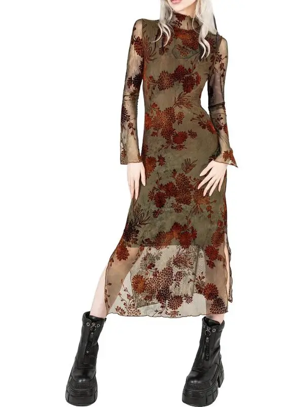 DISTURBIA Rosaleigh Flock Velour Mesh Midaxi Dress - Green