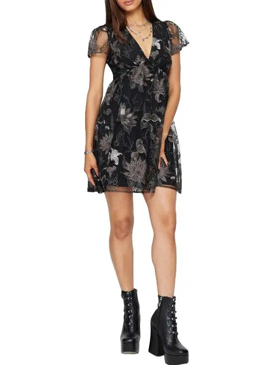 DISTURBIA Estrid Embroidered Mini Dress With Sheer Cap Sleeves - Black