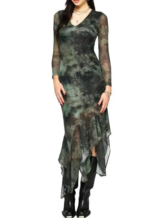 DISTURBIA Nova Mesh Long Sleeve Maxi Dress - Green