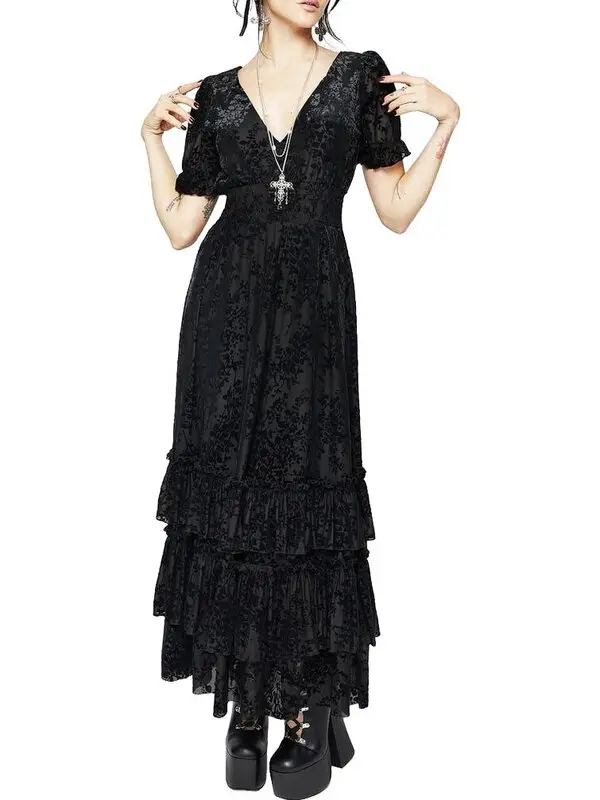 DISTURBIA Lilias Devoré Tiered Maxi Dress - Black