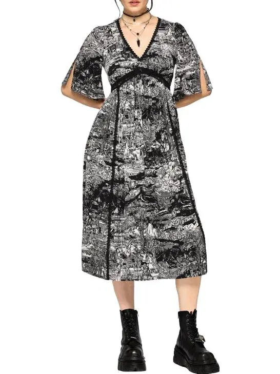 DISTURBIA Nara Boudicca Printed V-neck Midi Dress - Black