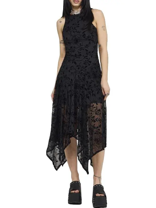 DISTURBIA Deadly Nightshade Floral Mesh Midi Dress - Black