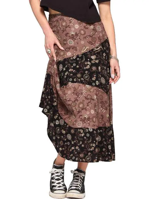 DISTURBIA Sylra Ditsy Folk Spliced Midi Skirt - Black