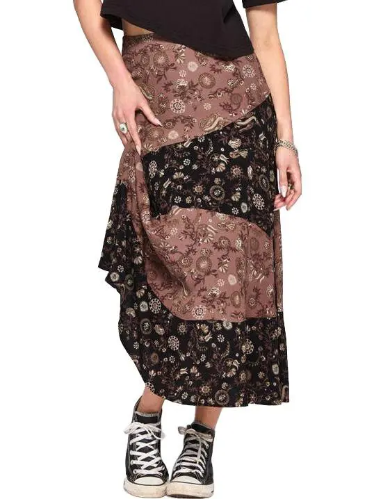 DISTURBIA Sylra Ditsy Folk Spliced Midi Skirt - Black