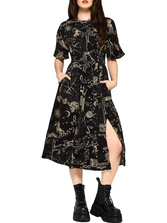 DISTURBIA Isolde Medieval Map Tie-back Midi Dress - Black