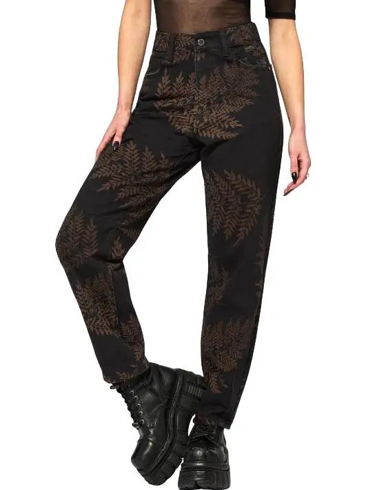 DISTURBIA Ruin Fern Printed Barrel Leg Denim Jeans - Black